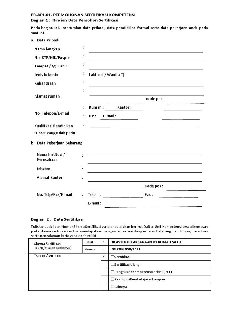 FR - Apl.01. Permohonan Sertifikasi Kompetensi (KKK - pm02.007.01) | PDF