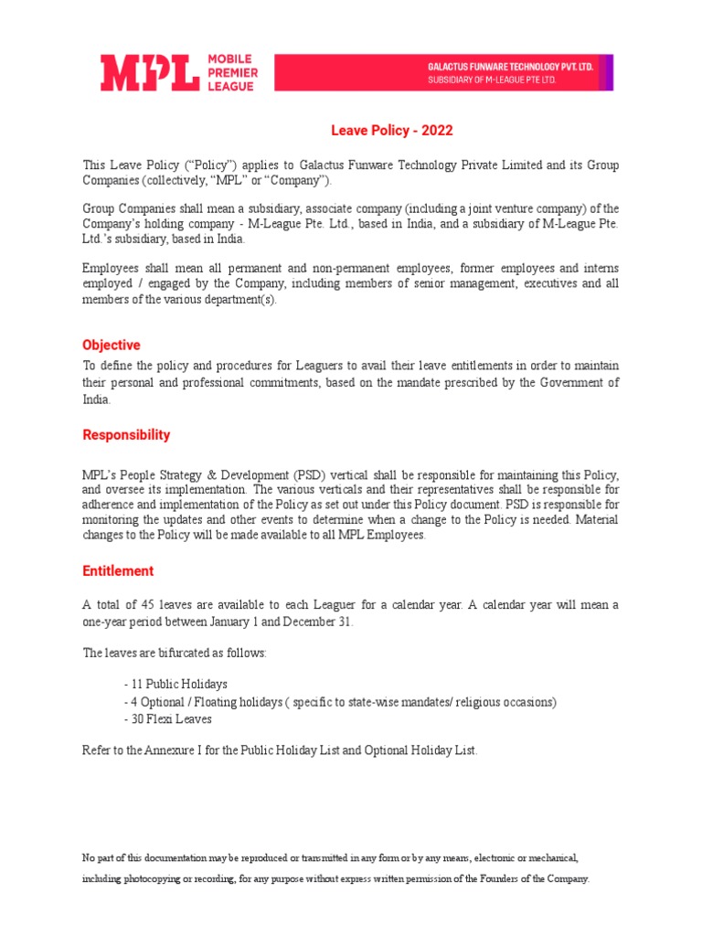 MPL Leave Policy 2022 Guide | PDF | Parental Leave | Sick Leave