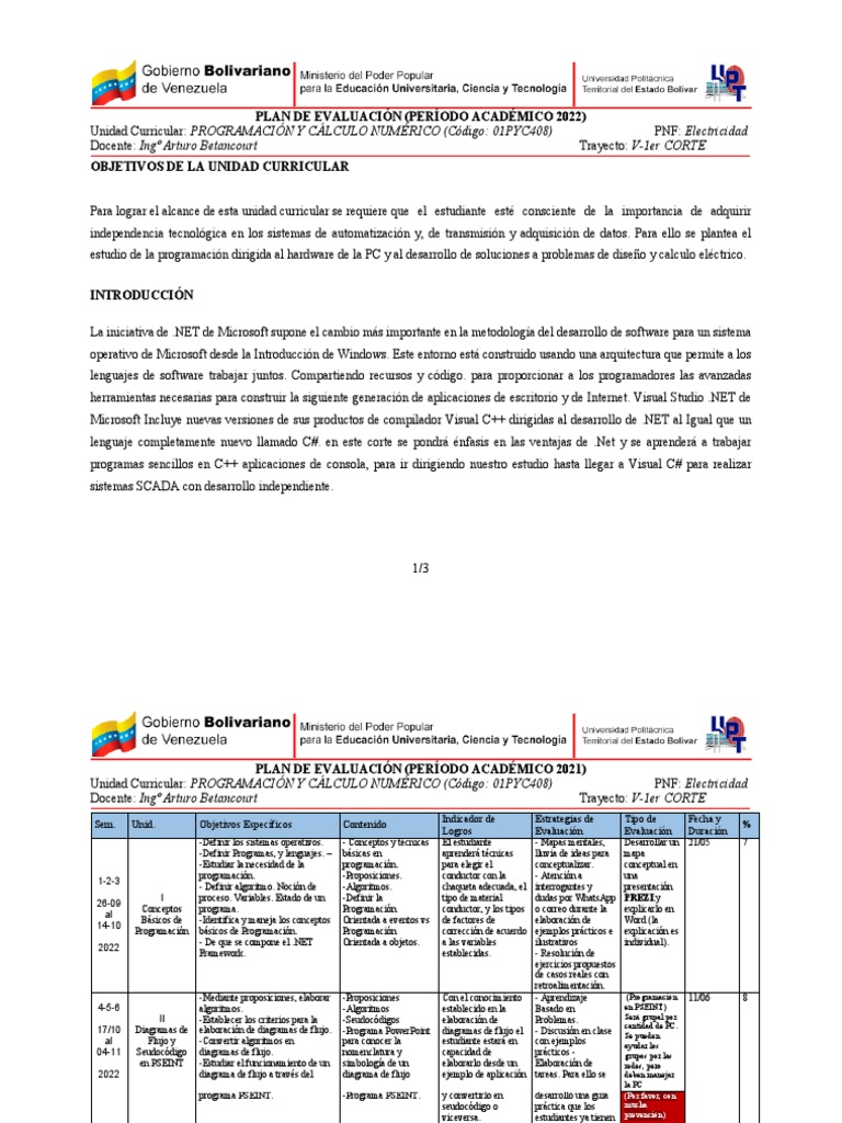 Plan de Eval PROGRAMACIÓN Y CÁLCULO NUMÉRICO_1er C | PDF | .NET Framework | Programación de ...