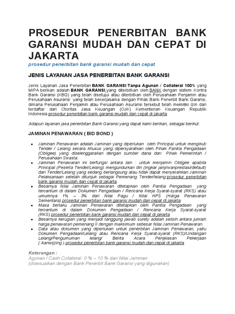 Prosedur Penerbitan Bank Garansi Mudah Dan Cepat Di Jakarta | PDF