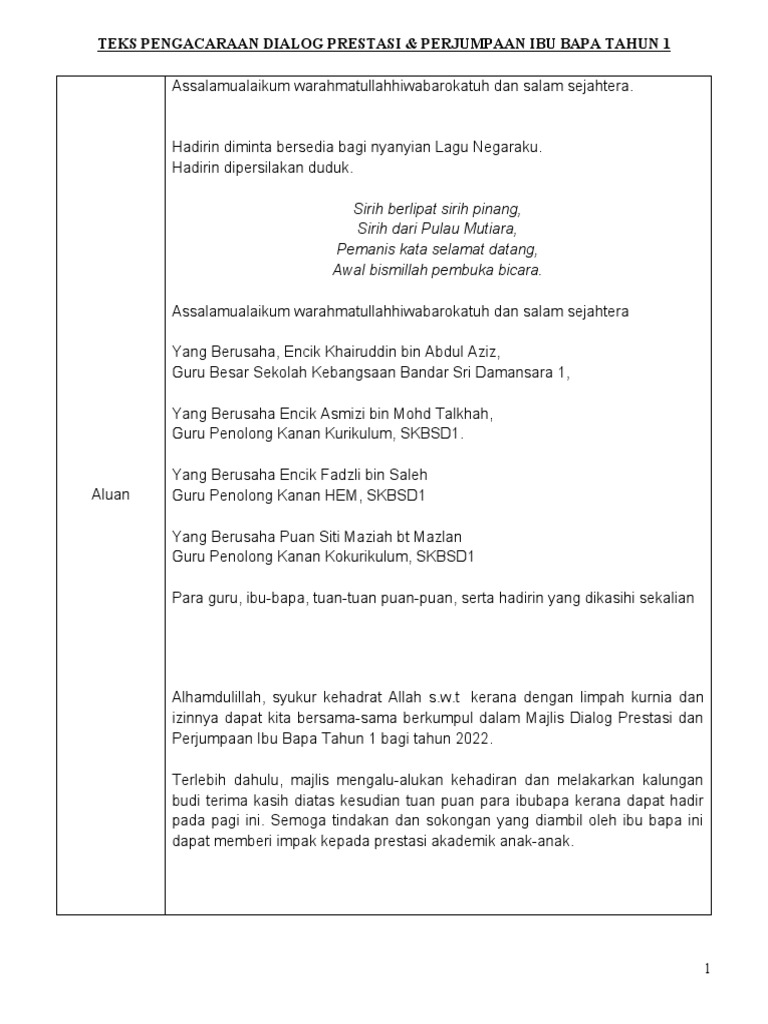 Dialog Prestasi Ibu Bapa Tahun 1 | PDF