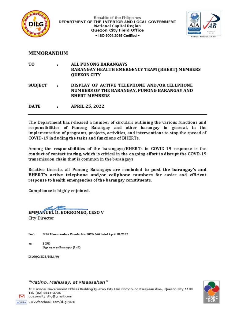 Memo Re Display of Active Telephone Numbers of The Barangay, Punong ...