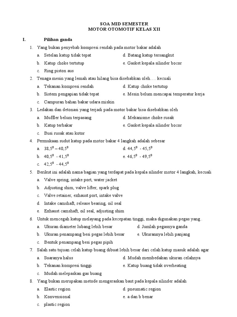 soal-MID Perawatan Mesin XII TKR | PDF
