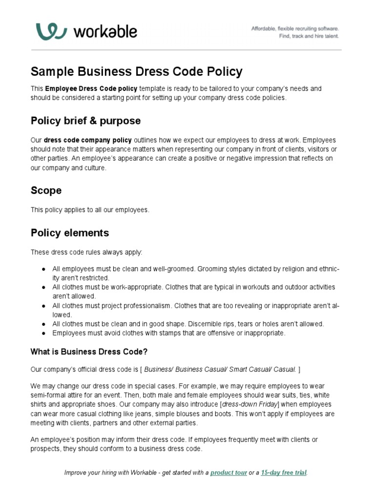 Sample Business Dress Code Policy | PDF | Clothing | Dress Codes