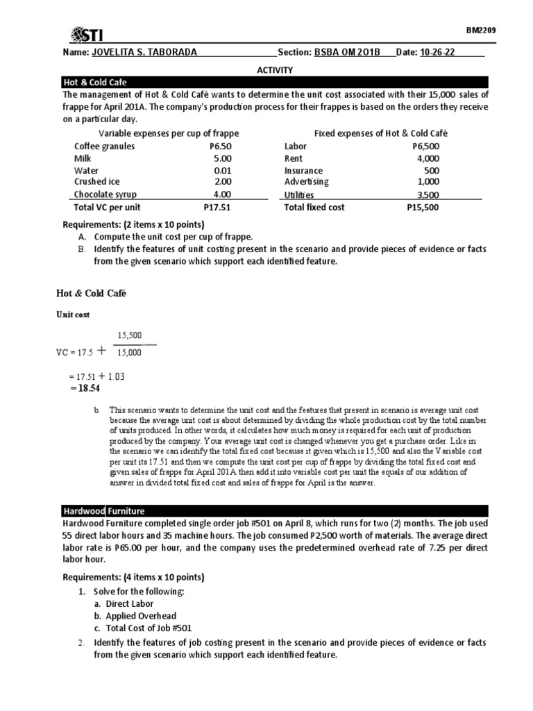 Calculating unit cost and identifying costing features | PDF | Management Accounting | Business ...