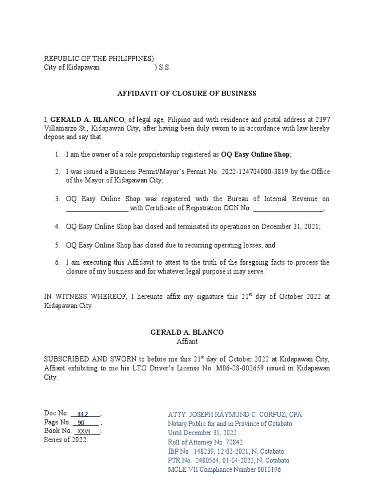 Affidavit of Closure of Business | PDF