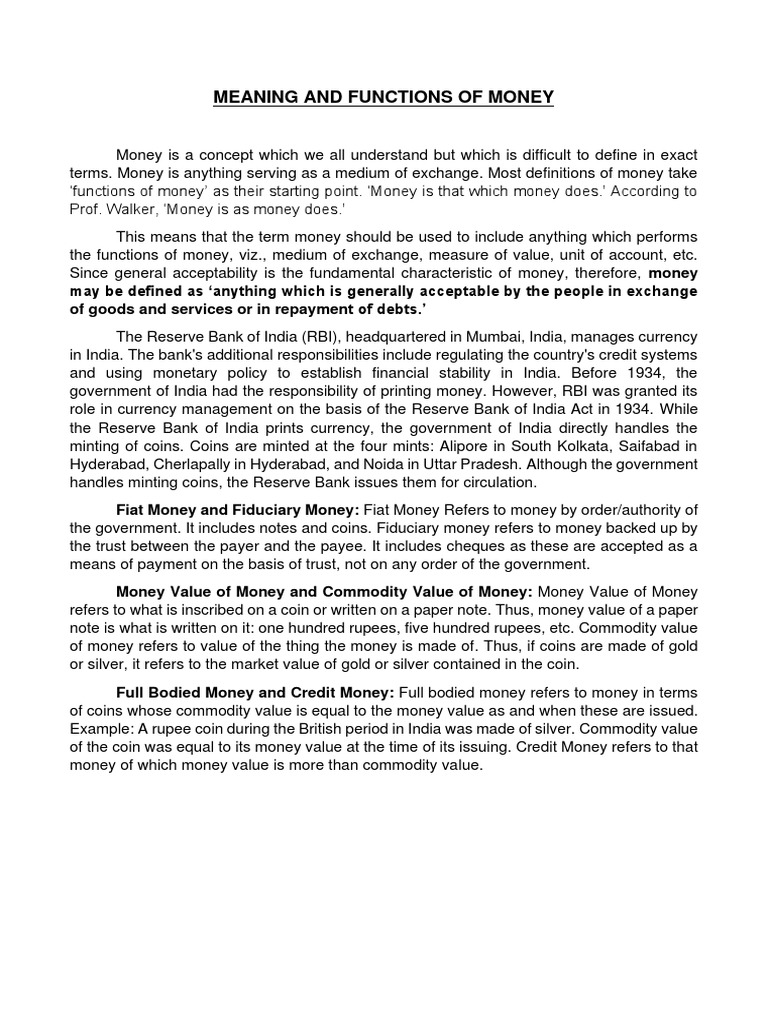 1 Meaning and Functions of Money | PDF