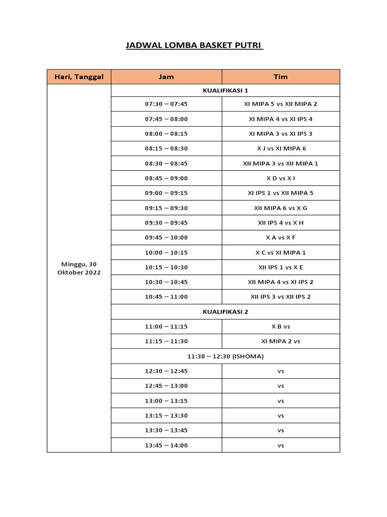 Jadwal Lomba Basket Putri | PDF