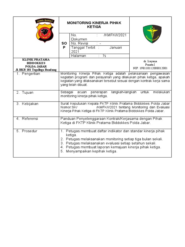 SOP MONITORING KINERJA PIHAK KETIGA Edit | PDF