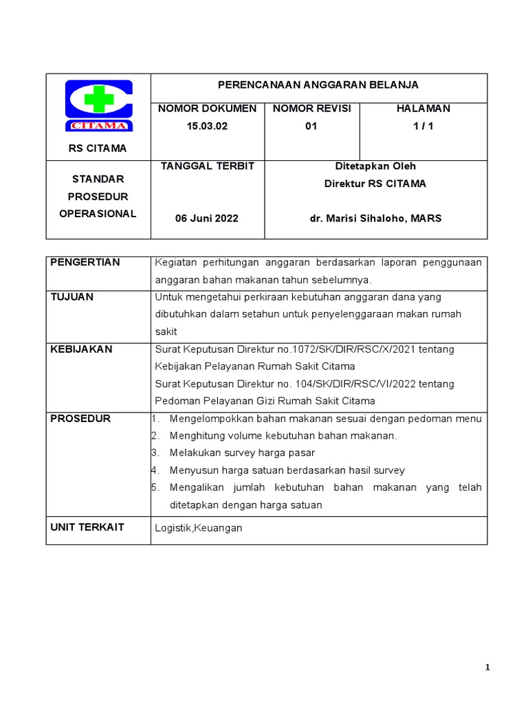 Spo Pelayanan Makanan Di Rumah Sakit Citama | PDF