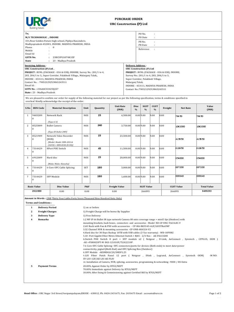URC Construction Purchase Order Details | PDF | Manufactured Goods | Electronics