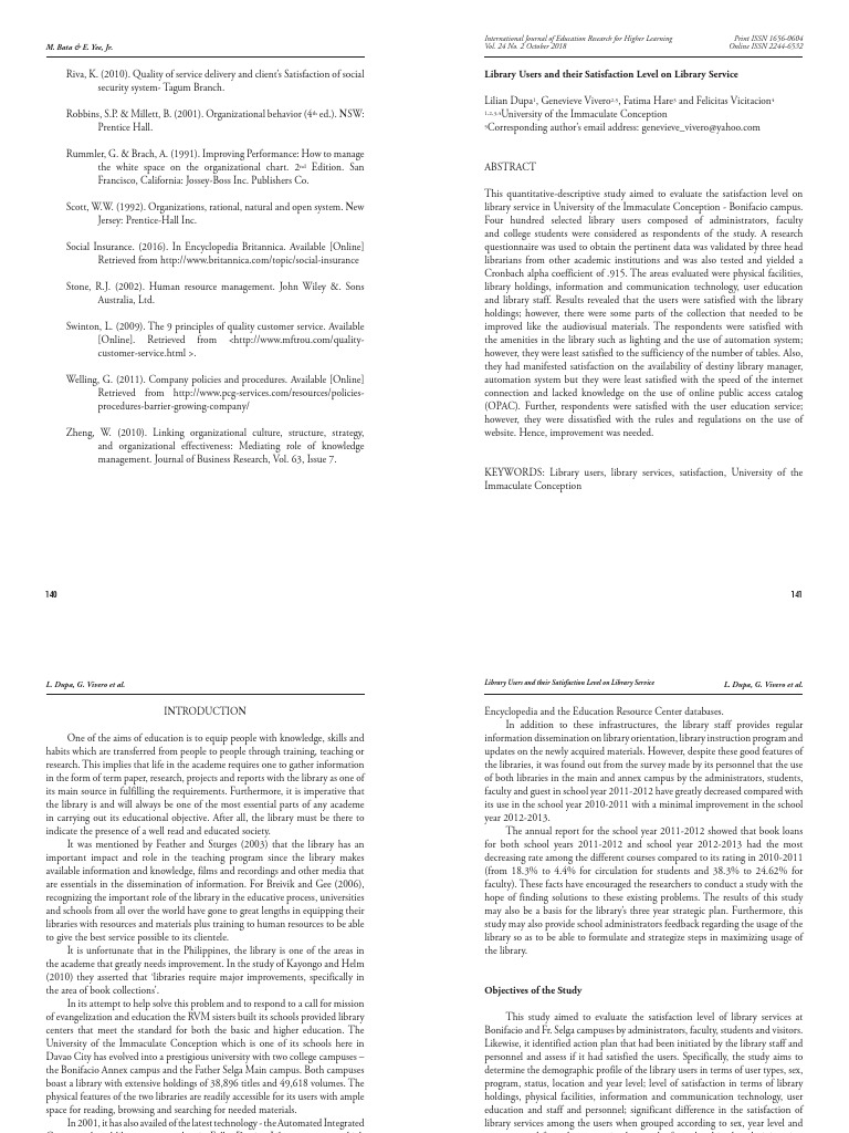 Assessing Library User Satisfaction: An Evaluation of Services at the University of the ...