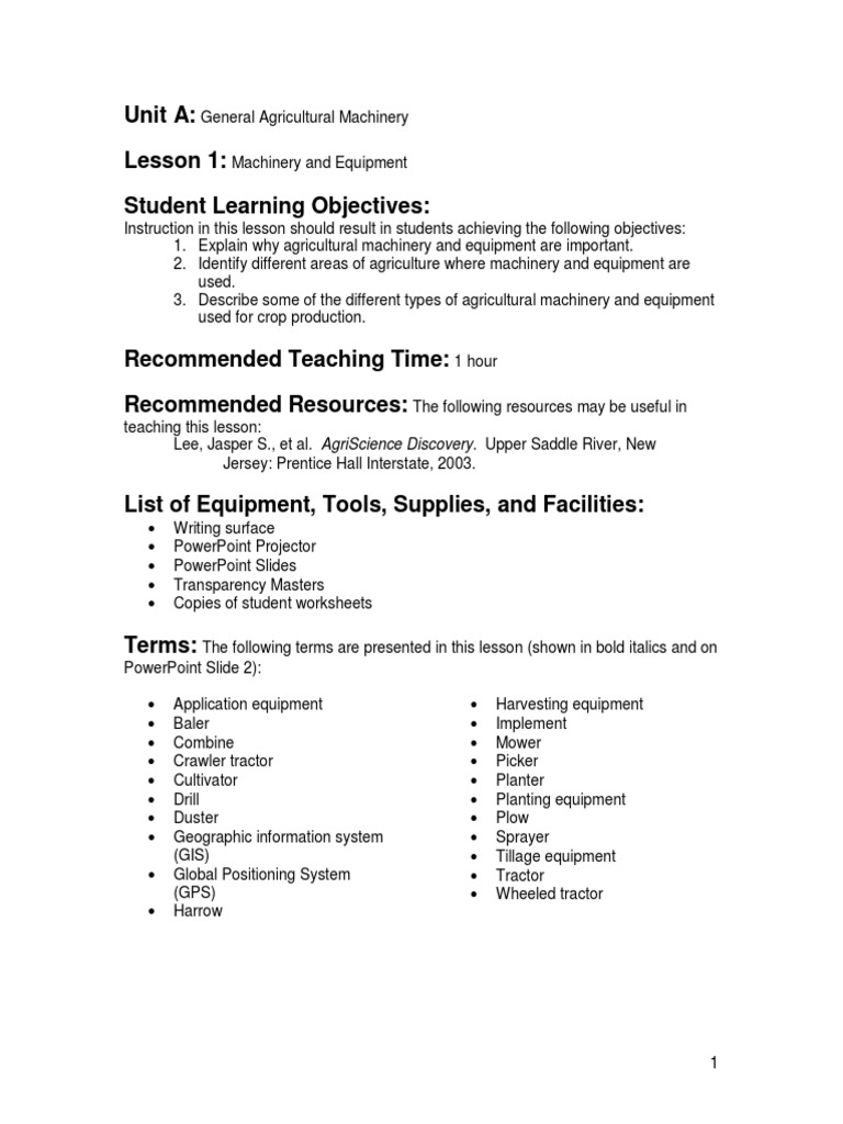 Unit A - General Agricultural Machinery. Lesson 1 - Machinery and ...