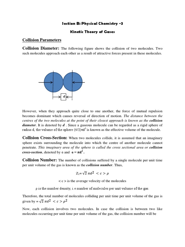Section B: Physical Chemistry - 3 Kinetic Theory of Gases Collision Parameters Collision ...