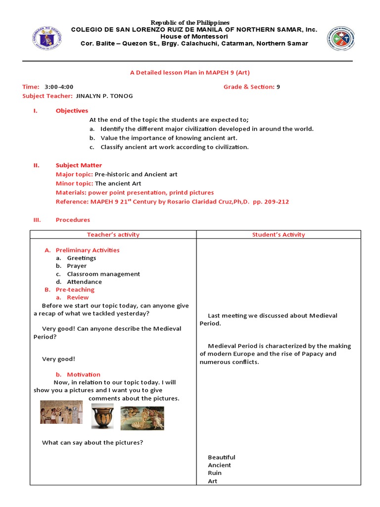 A Detailed Lesson Plan in MAPEH 9 | PDF | Mesopotamia | Ancient Egypt
