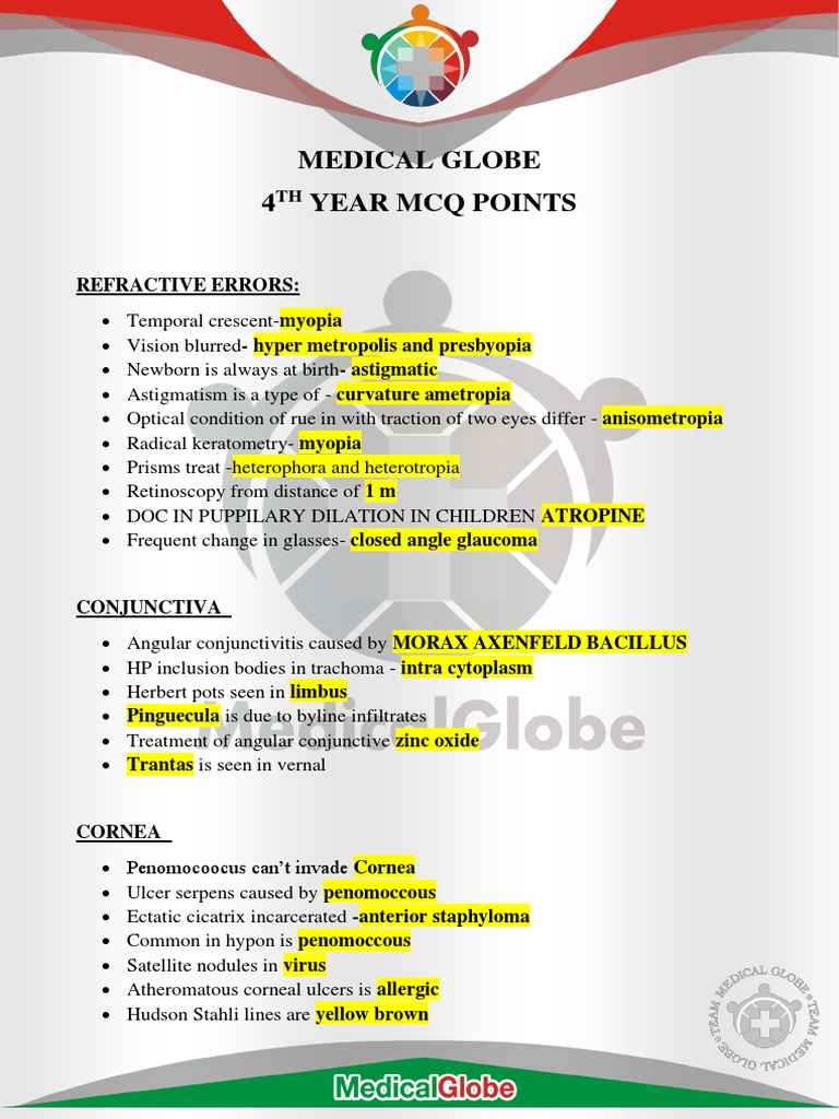 Eye Diagnostic Points - Mcqs | PDF | Cornea | Retina