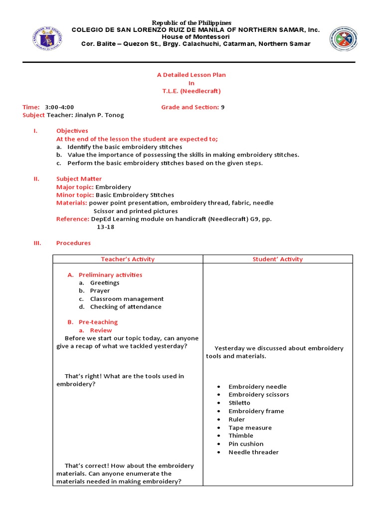 Grade 9 Detailed Lesson Plan: Embroidery | PDF | Textiles | Embroidery