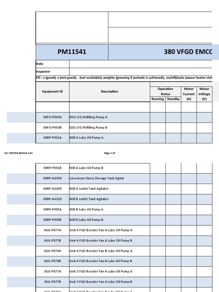 380 VFGD EMCC A&B Board LV Motors Inspection | PDF | Pump | Machines