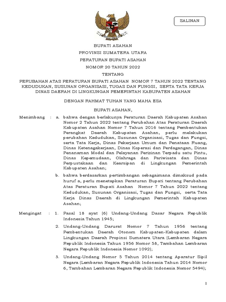 Perbup 20 Tahun 2022 Perubahan Perbup SOTK Dinas | PDF
