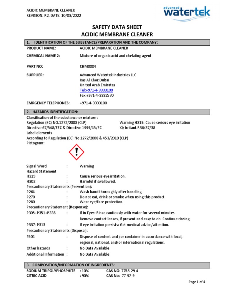 Acidic Membrane Cleaner | PDF | Carbon Dioxide | Personal Protective ...