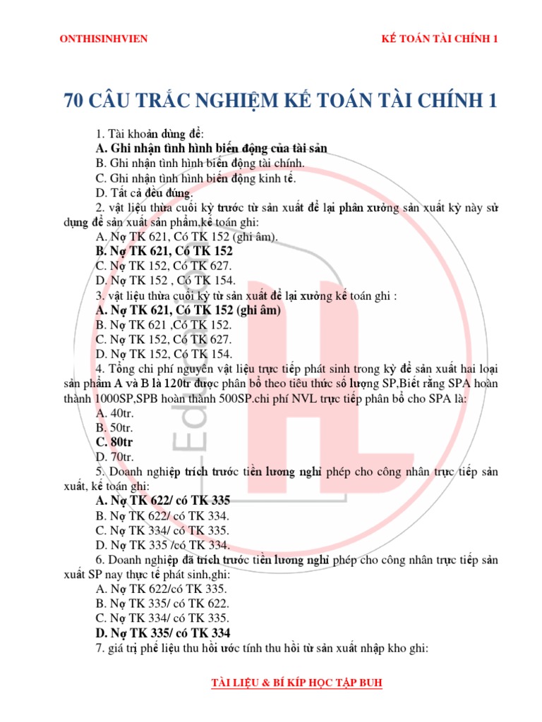Đáp Án Trắc Nghiệm Kế Toán Tài Chính 1 - Otsv | PDF