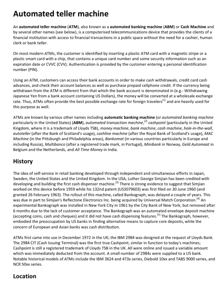Atm | PDF | Automated Teller Machine | Service Industries