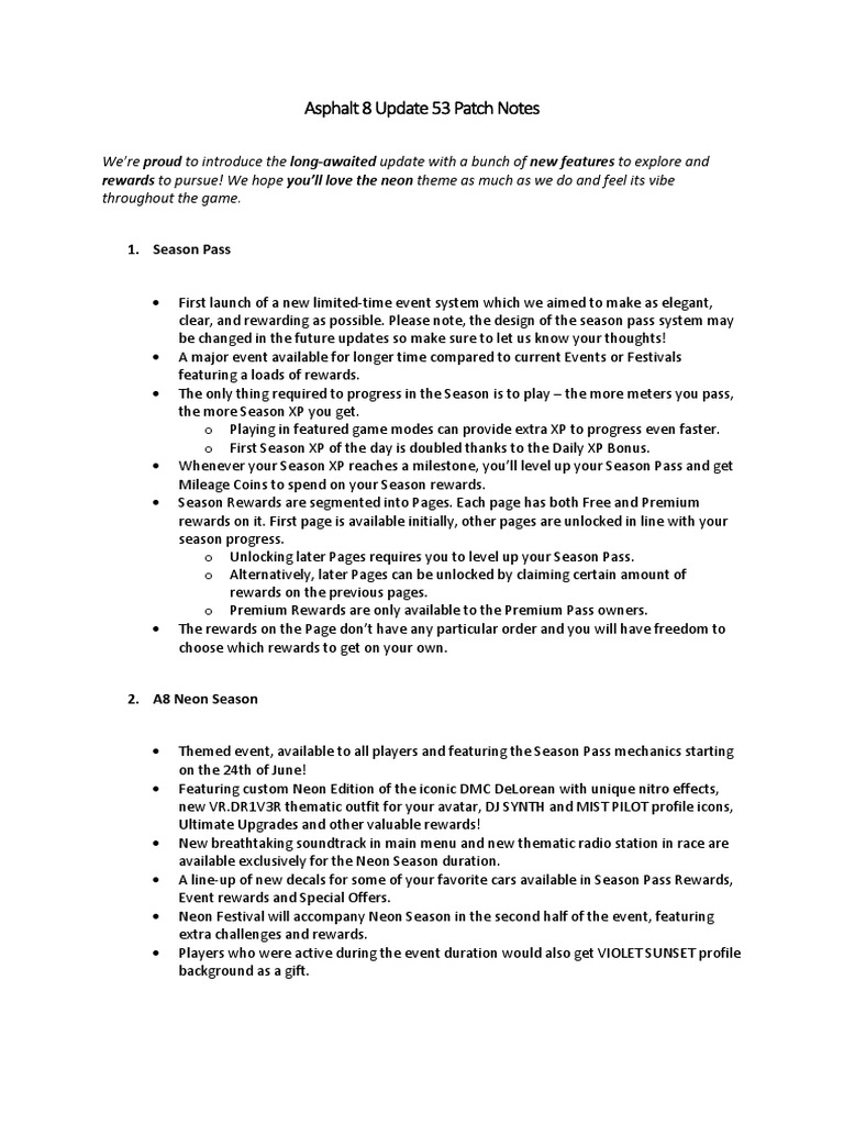 Asphalt 8 Update 53 Patch Notes | PDF | Automotive Industry | Car