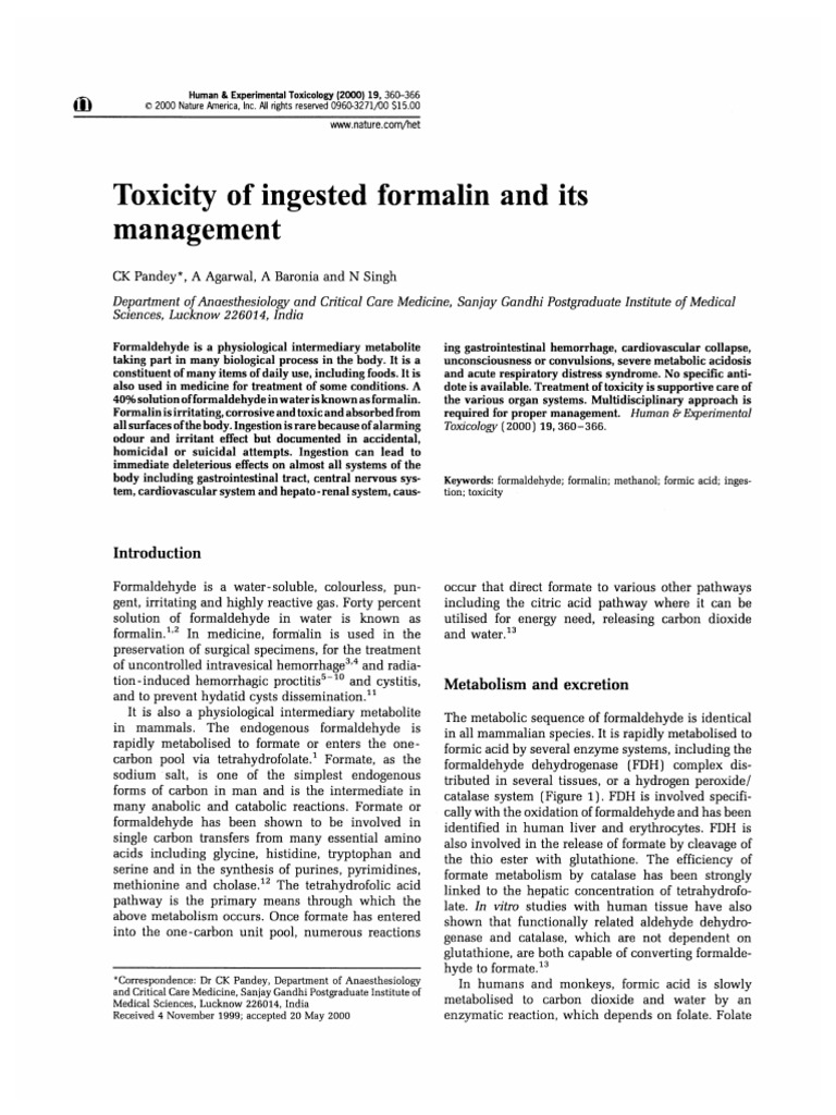 Toxicity of ingested formalin and its management | PDF | Formaldehyde | Metabolism