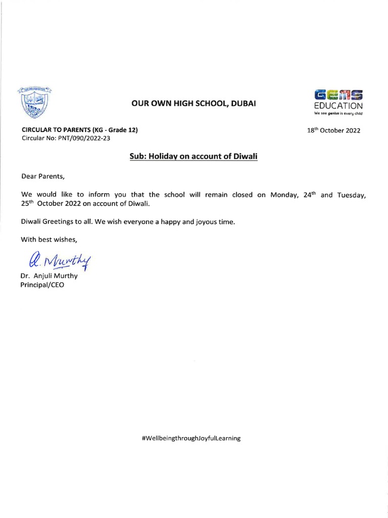 Circular - Holiday On Account of Diwali | PDF
