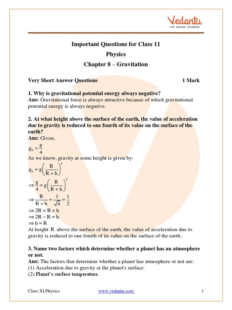 Important Questions For CBSE Class 11 Physics Chapter 8 | PDF | Orbit ...