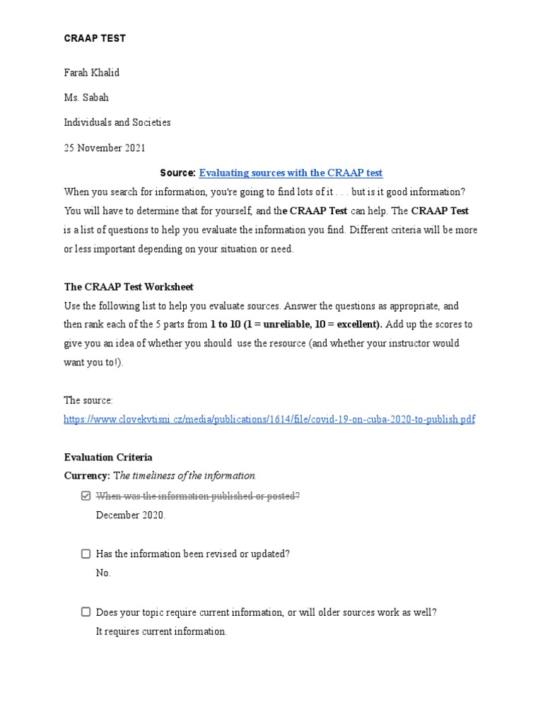 Evaluating Sources With The CRAAP Test | PDF | Cognition | Cognitive ...