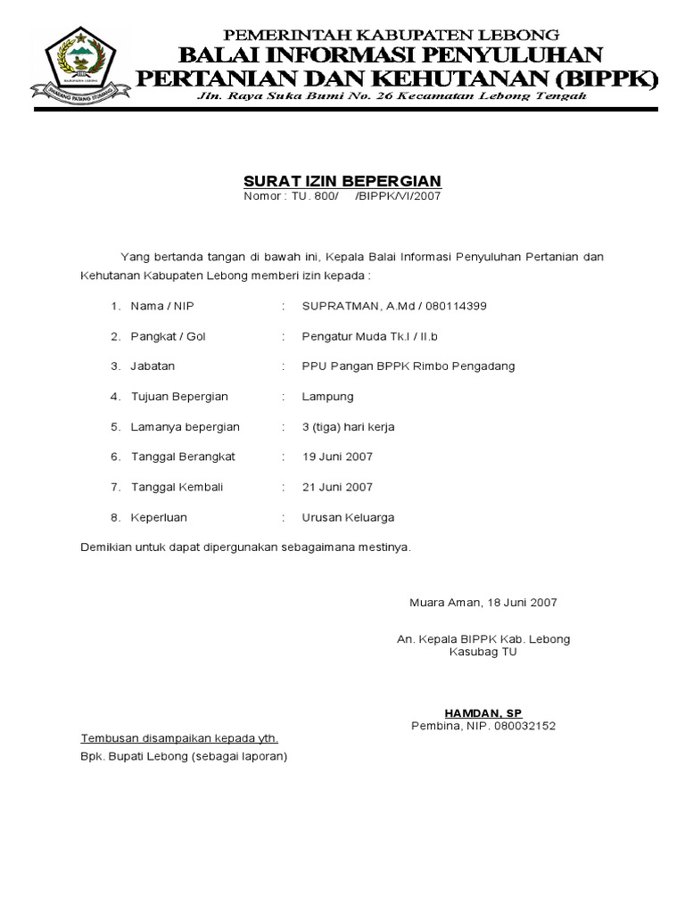 Contoh Surat Izin Bepergian Resmi | PDF