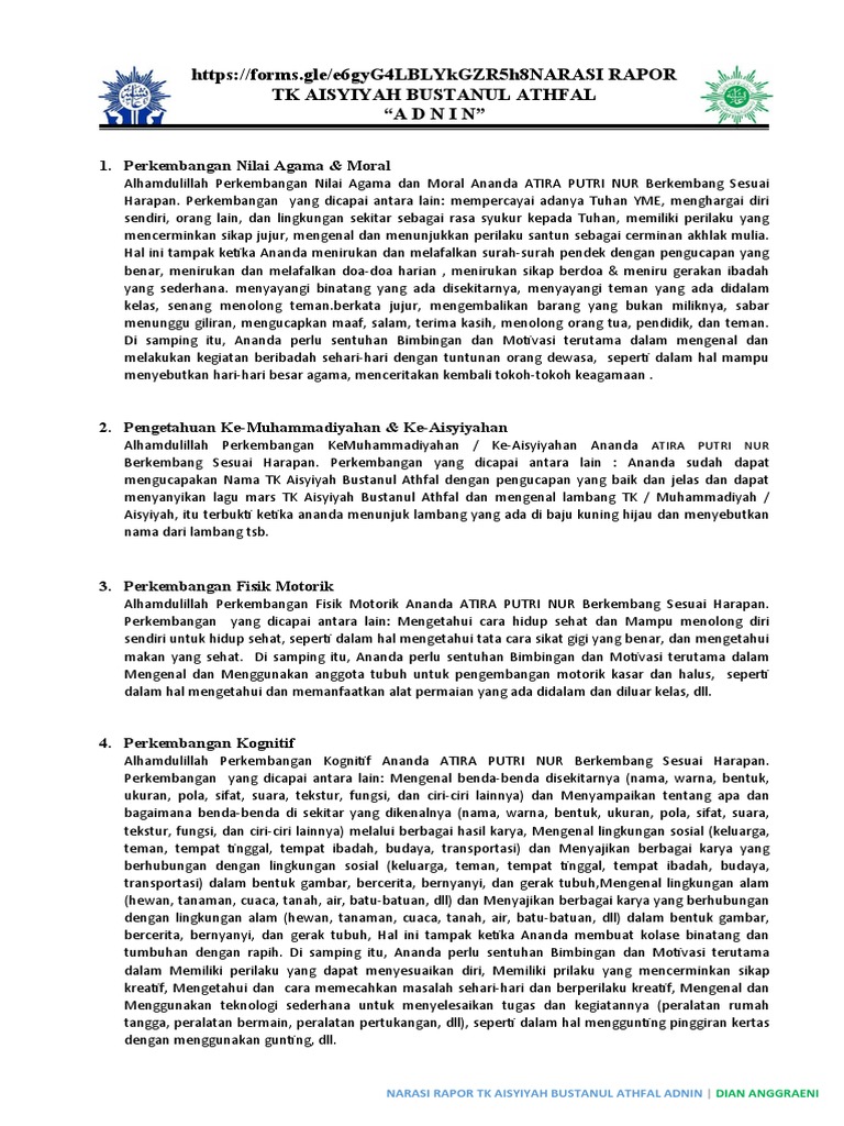 Narasi Raport TK Aisyiyah Semester 2 | PDF | Karier & Perkembangan | Pengembangan Diri