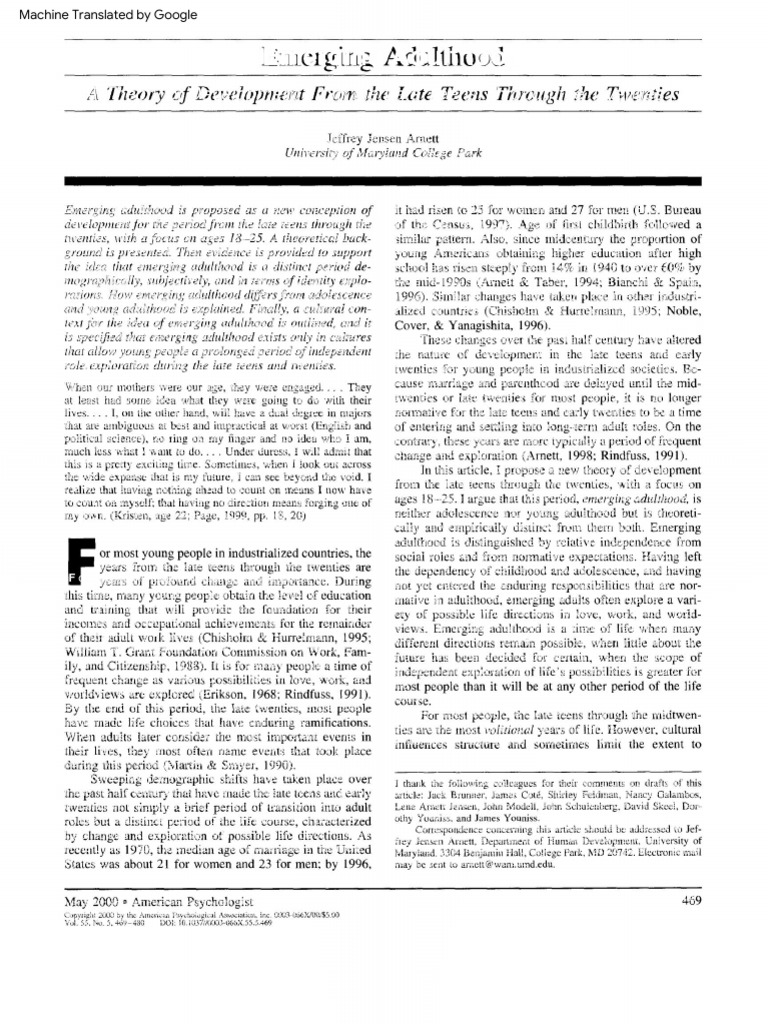 ARNETT Emerging Adulthood Theory | PDF | Adults | Adolescence
