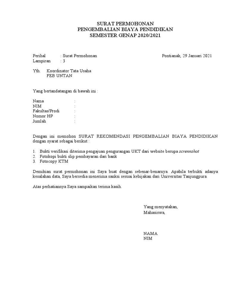 Surat Permohonan Pengembalian Biaya UKT (Biaya Kuliah) | PDF