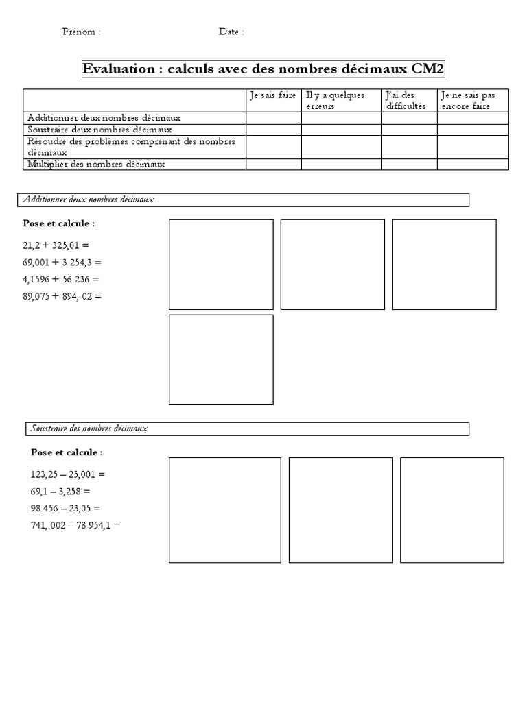 Evaluation Calculs Nombres Decimaux cm2 | PDF