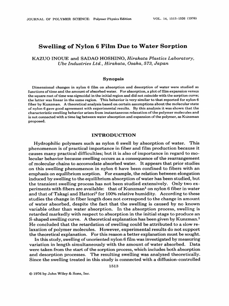 Swelling of Nylon 6 Film Due To Water Sorption | PDF | Adsorption | Diffusion