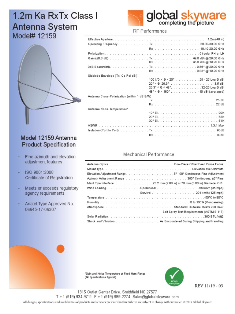 Datasheet Global Skyware 1.2m Ka Band RXTX VSAT Antenna Type 12159 | PDF