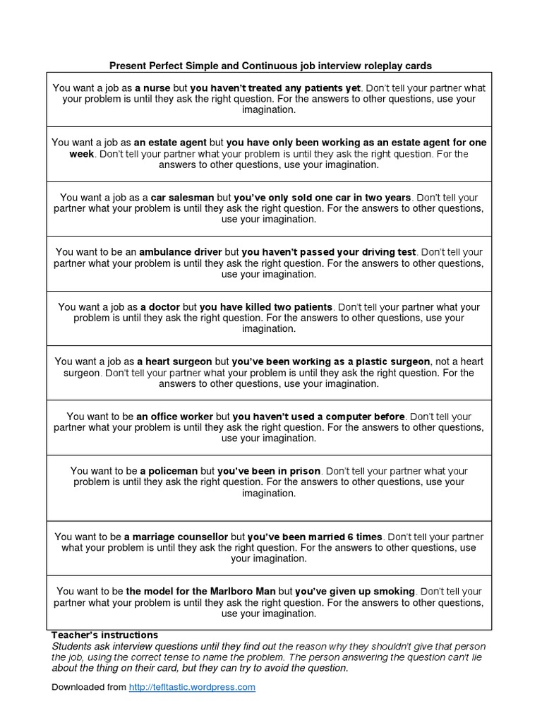 Present Perfect Simple Continuous Job Roleplays Probs | PDF | Question