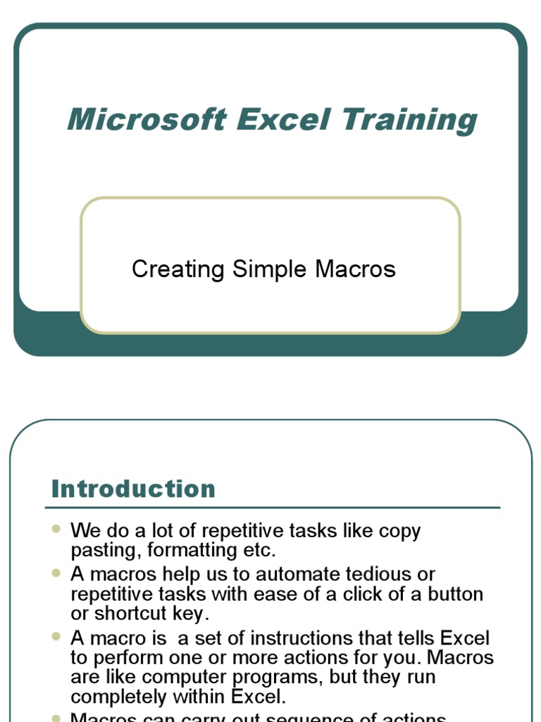Excel Macro Training | PDF | Microsoft Excel | Macro (Computer Science) Excel Macro Training | PDF | Microsoft Excel | Macro (Computer Science)