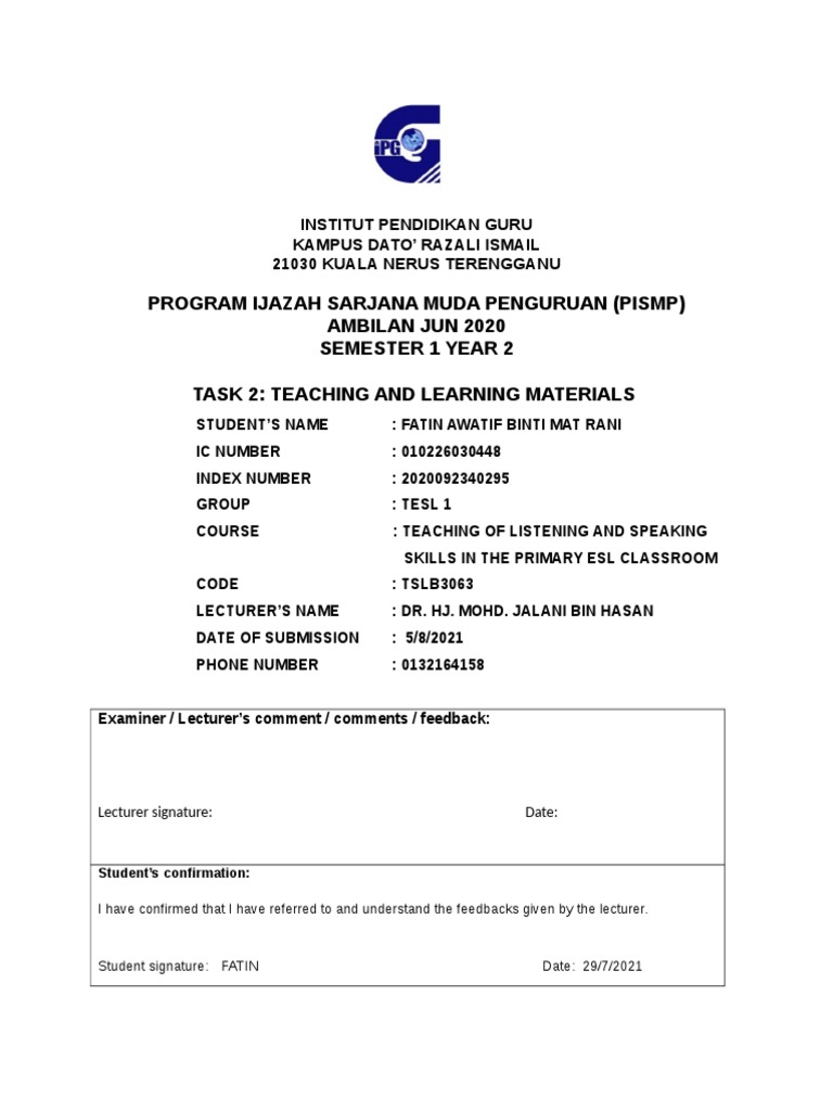 TSLB3063 TSL1 Task2 Teaching and Learning Materials Fatin Awatif Binti Mat Rani 202009234029 ...