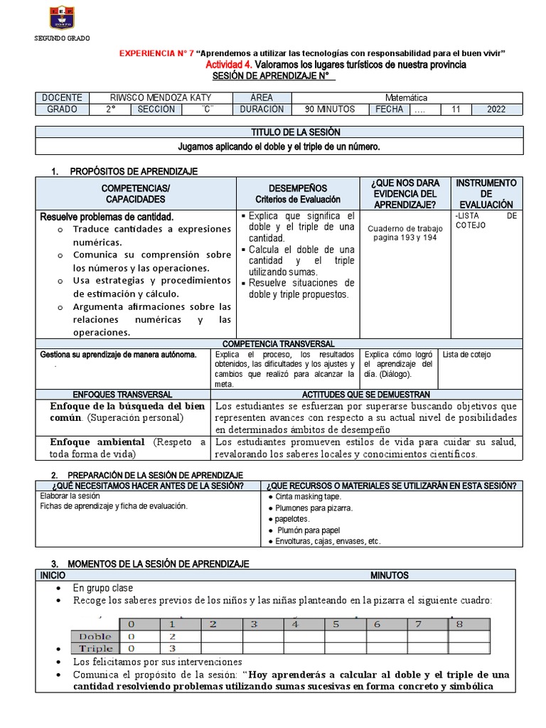 Actividad 4.: Jugamos Aplicando El Doble y El Triple de Un Número | PDF | Aprendizaje | Evaluación