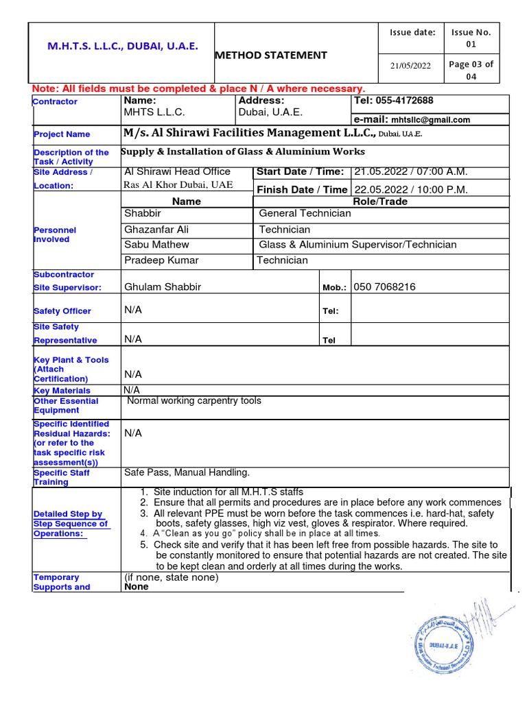 Method Statement Glass Works | PDF | Risk | Risk Assessment
