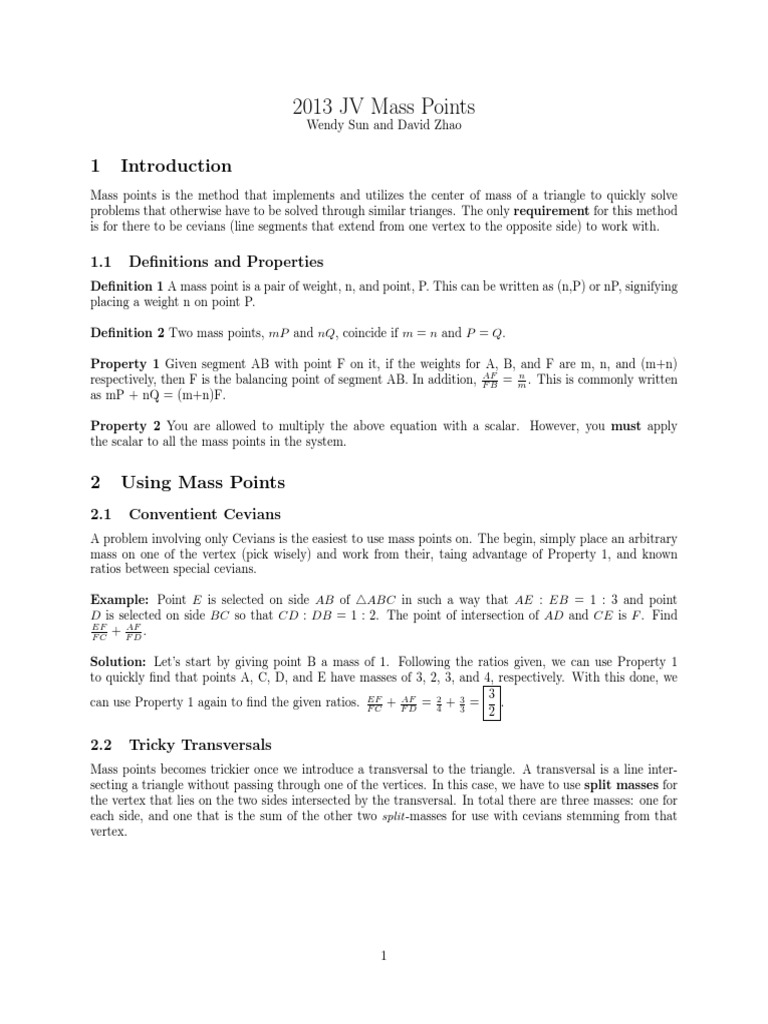 Mass Points and Cevians Explained | PDF | Triangle | Ratio