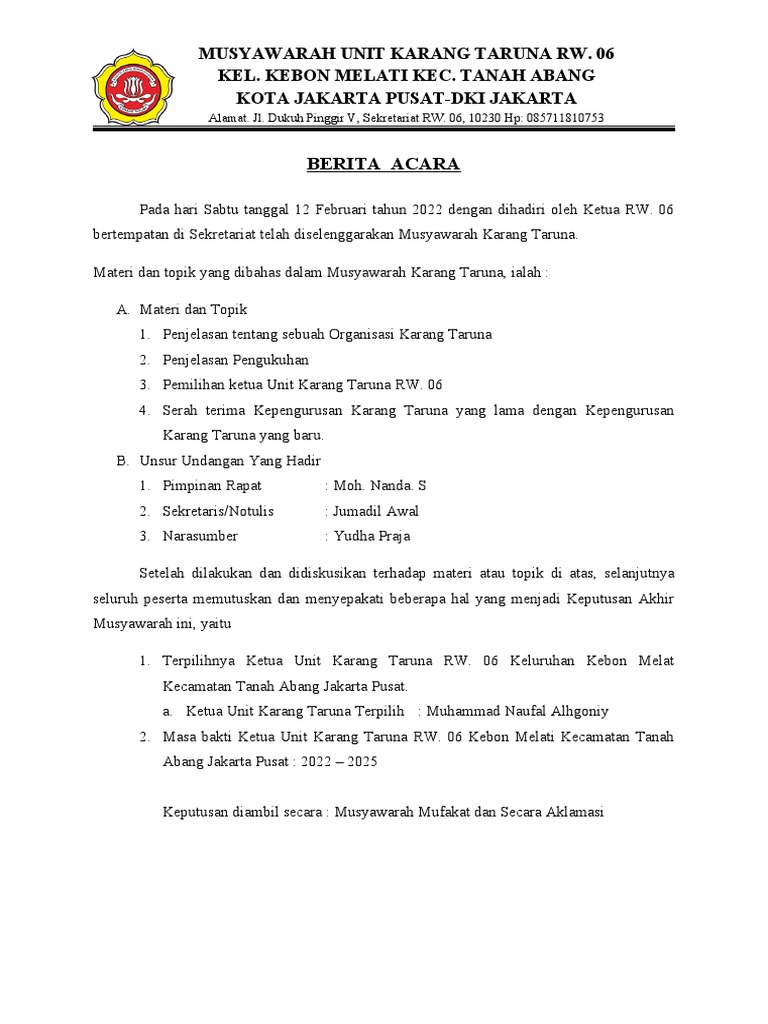 Berita Acara Musyawarah Karang Taruna | PDF
