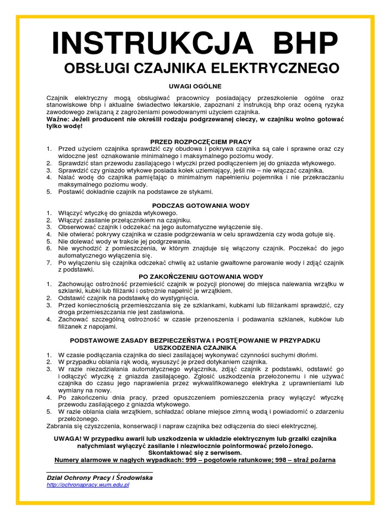 Instrukcja BHP Przy Obsludze Czajnika Elektrycznego | PDF Instrukcja BHP Przy Obsludze Czajnika Elektrycznego | PDF