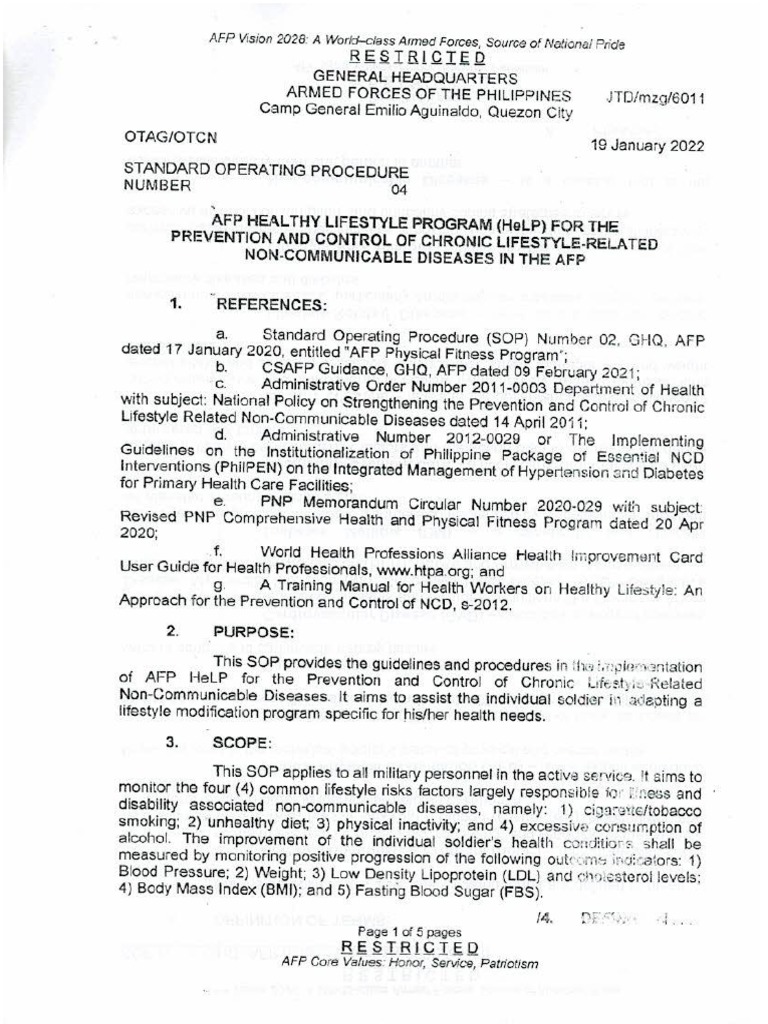 SOP NR 04 - AFP Healthy Lifestyle Program (HeLP) For The Prevention and ...