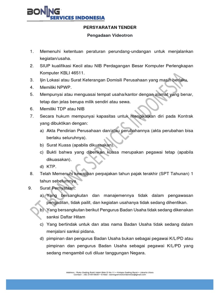 Persyaratan Tender (Pengadaan Videotron) | PDF