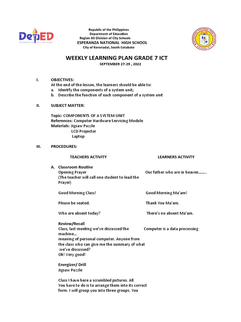 Lesson Plan in Tle Computer Hardware and | PDF | Computer Data Storage ...