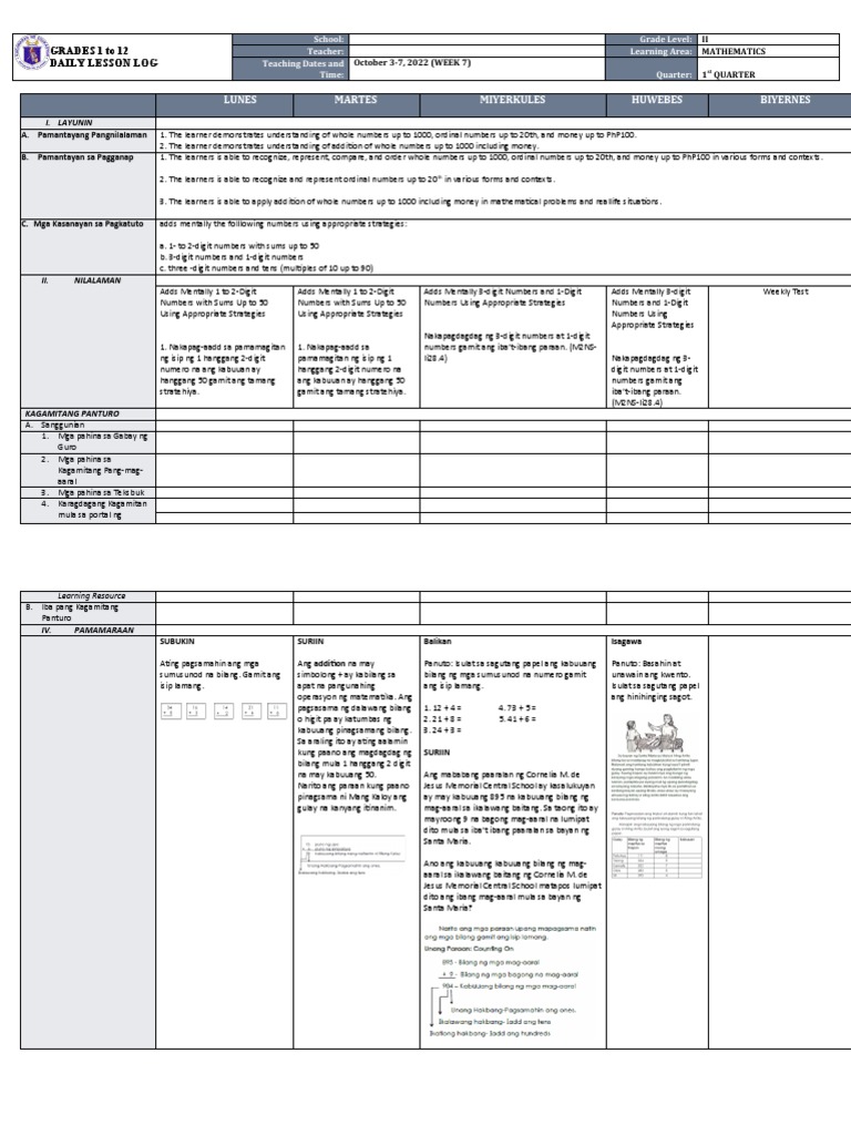 DLL - Mathematics 2 - Q1 - W7 | PDF